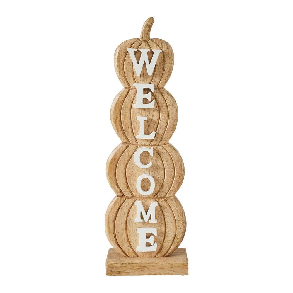 VHC BRANDS 16.5 in. Brown Wooden Pumpkin Stack Welcome Christmas Sign ...