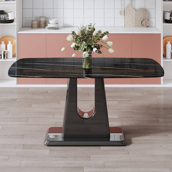 Polibi Modern Rectangle Black Faux Marble Pedestal Dining Table Seats for 6 62.99 in. L x 29.53 in. H RS 05212 4 The Home Depot