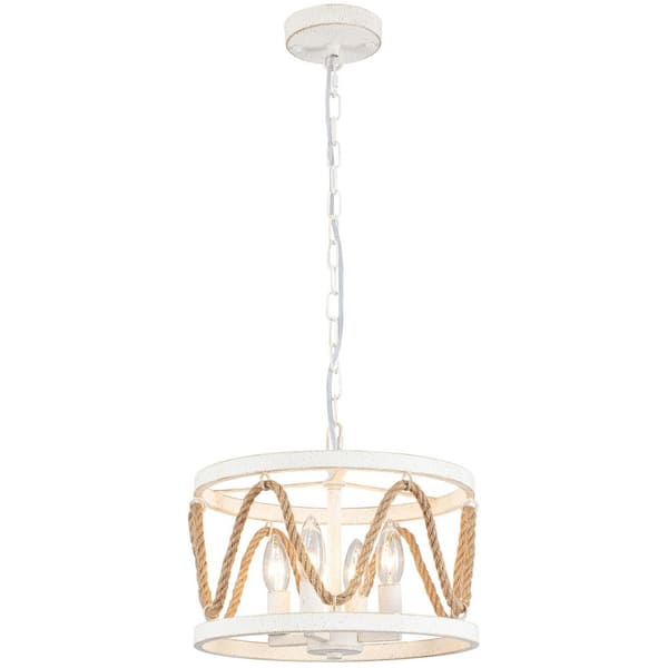 ADSENSTY 4-Light White Dimmable Rustic Hemp Ropes Drum Shade Chandelier for Kitchen Island with ...