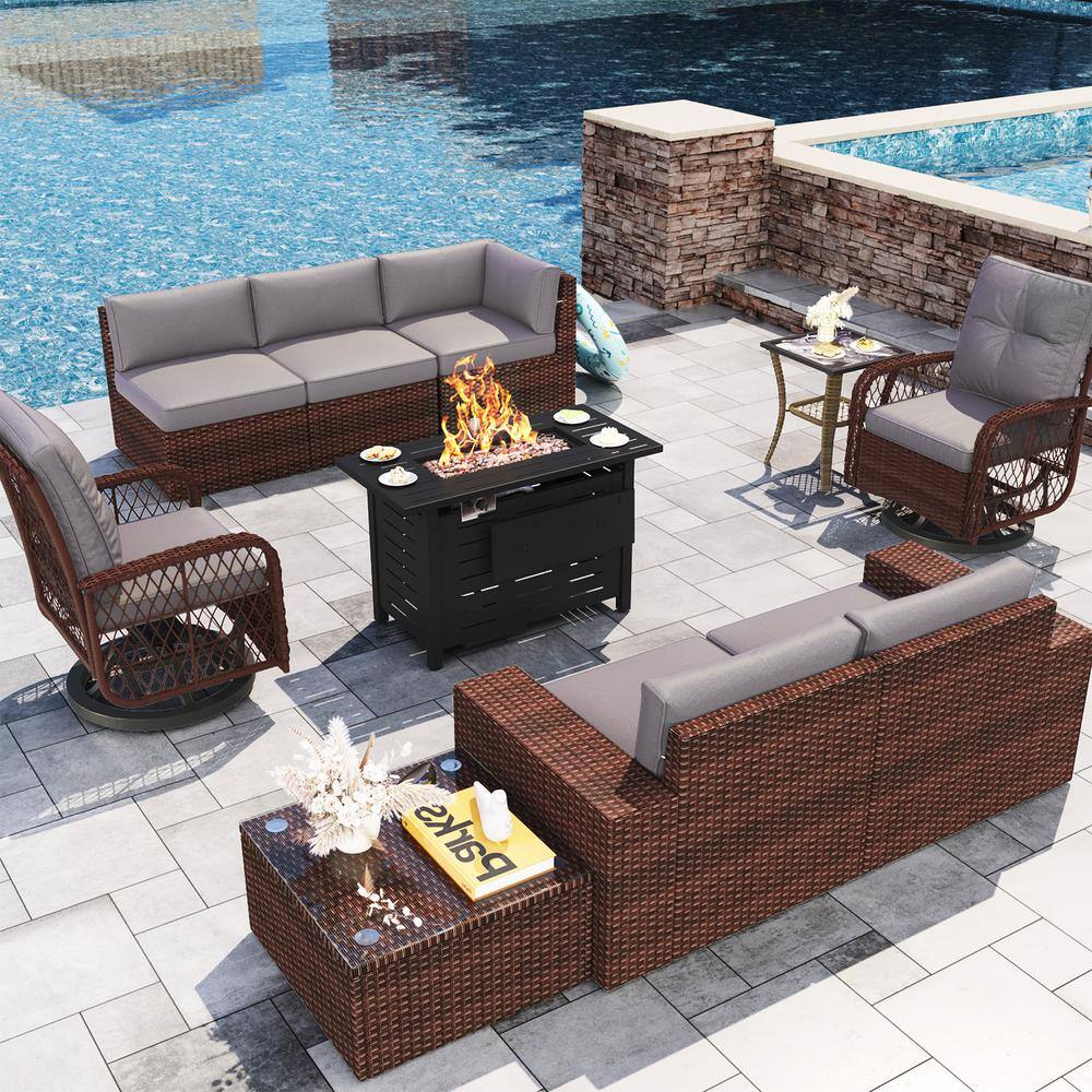 Sizzim 10-Piece Patio Wicker Sectional Set with Swivel Rocking Chairs ...
