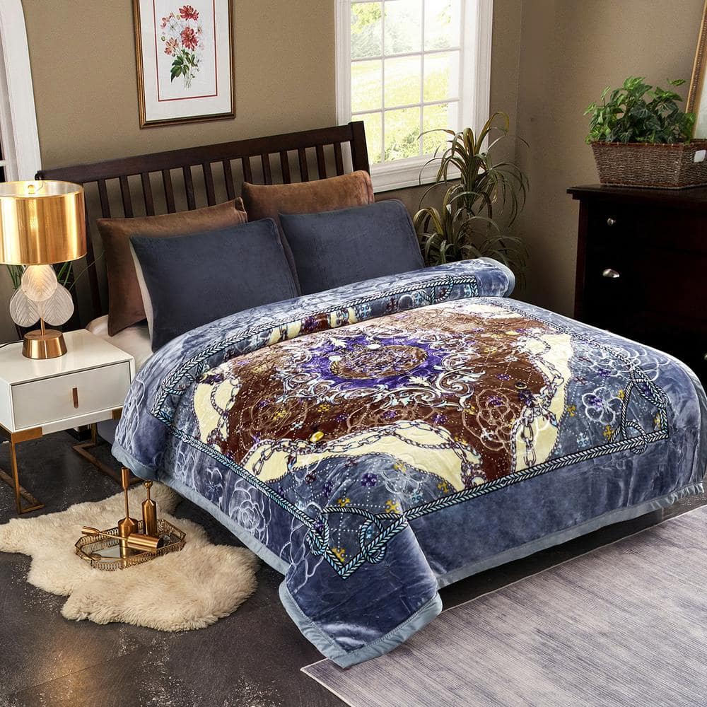 JML Blue 2-Ply Printed 83 in. x 93 in. Polyester Winter Fleece Blanket ...