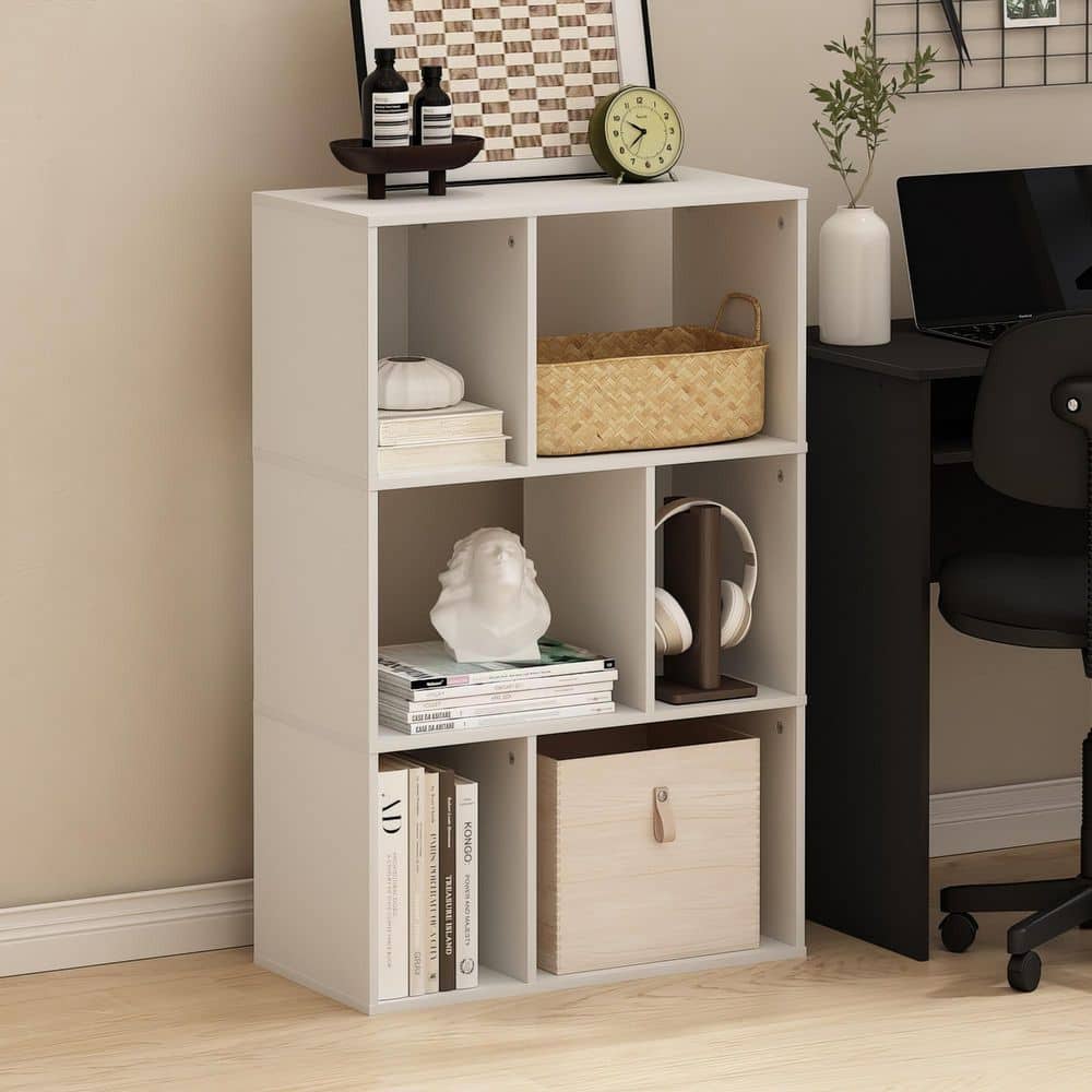 Furinno Daly 36.85 in. Tall White Wood 6-Shelf Irregular Cubes Bookcase ...
