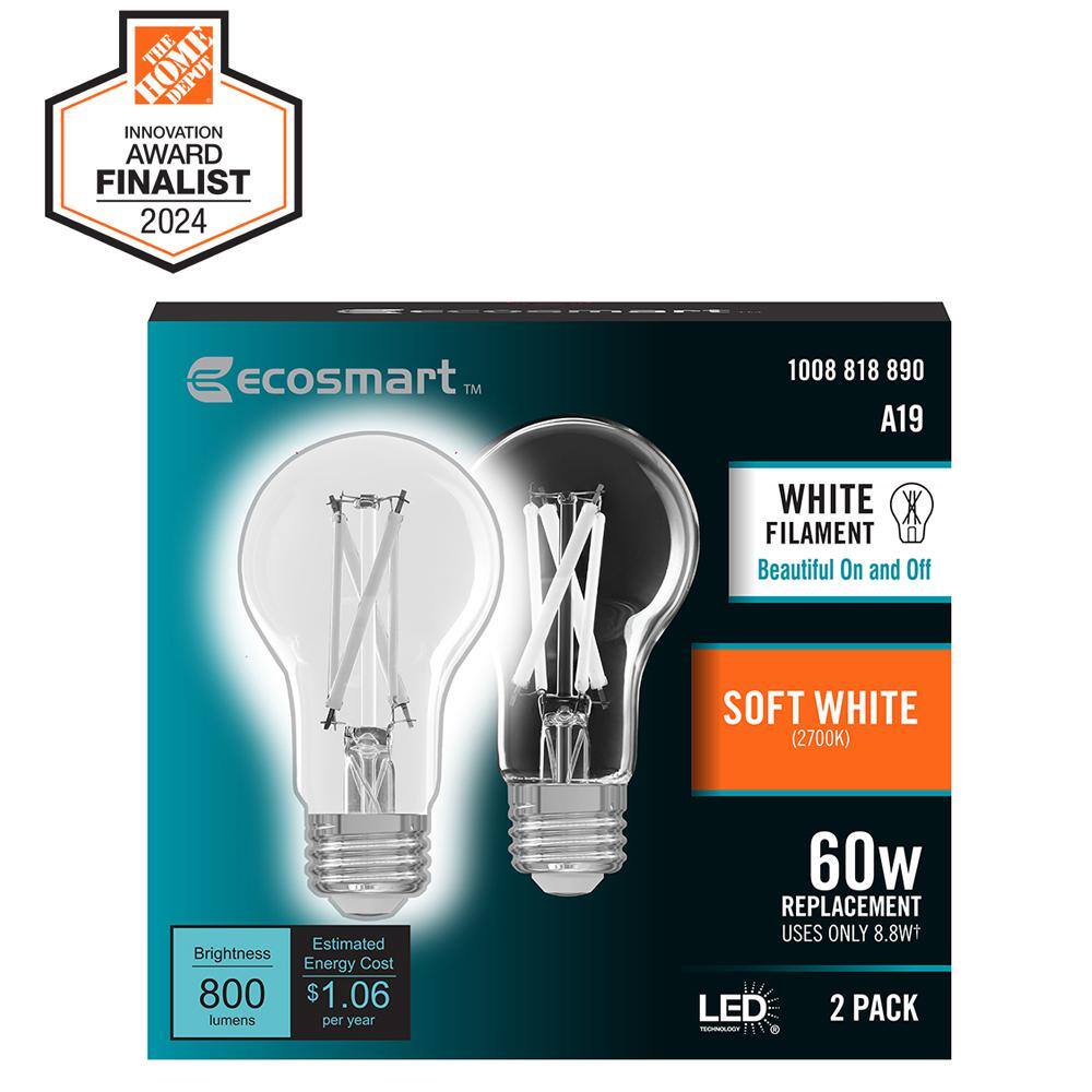 EcoSmart 60-Watt Equivalent A19 Dimmable White Filament CEC Clear Glass E26 Medium Base LED ...
