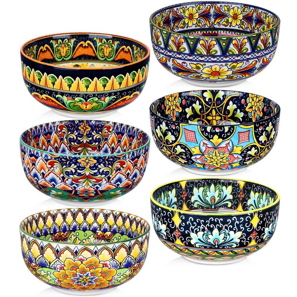 Bohemian Series Multi-Colored Round Ceramic 5.9 in Cereal Bowls Set of ...