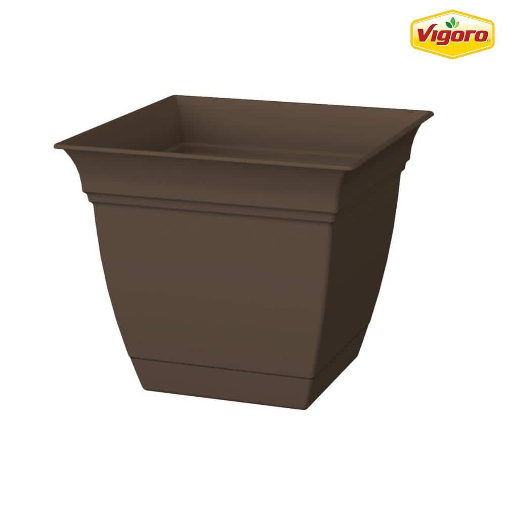 Vigoro 10 in. Mirabelle Medium Chocolate Plastic Square Planter (10 in ...
