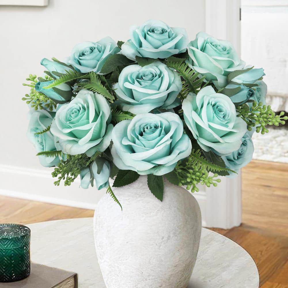 LIVING LUXURY 18 in. Light Turquoise Artificial Rose Flower Stem Bush ...