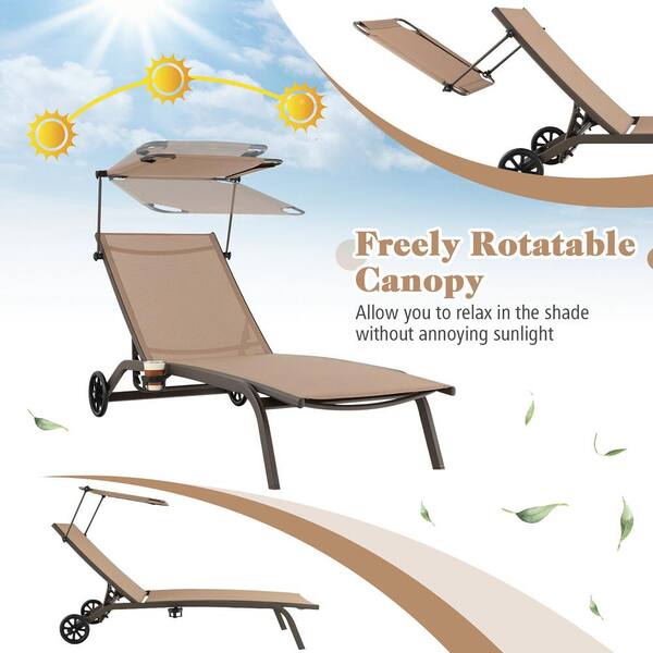 Gymax Patio Chaise Lounge Chair Heavy-Duty Lounger Canopy Cup Holder ...