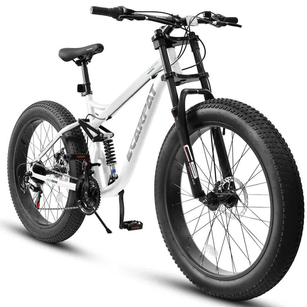 Tenleaf 26 in. x 4 in. Fat Tire Steel Frame Bike Full-Suspension 21 Speeds Drivetrain with Disc ...