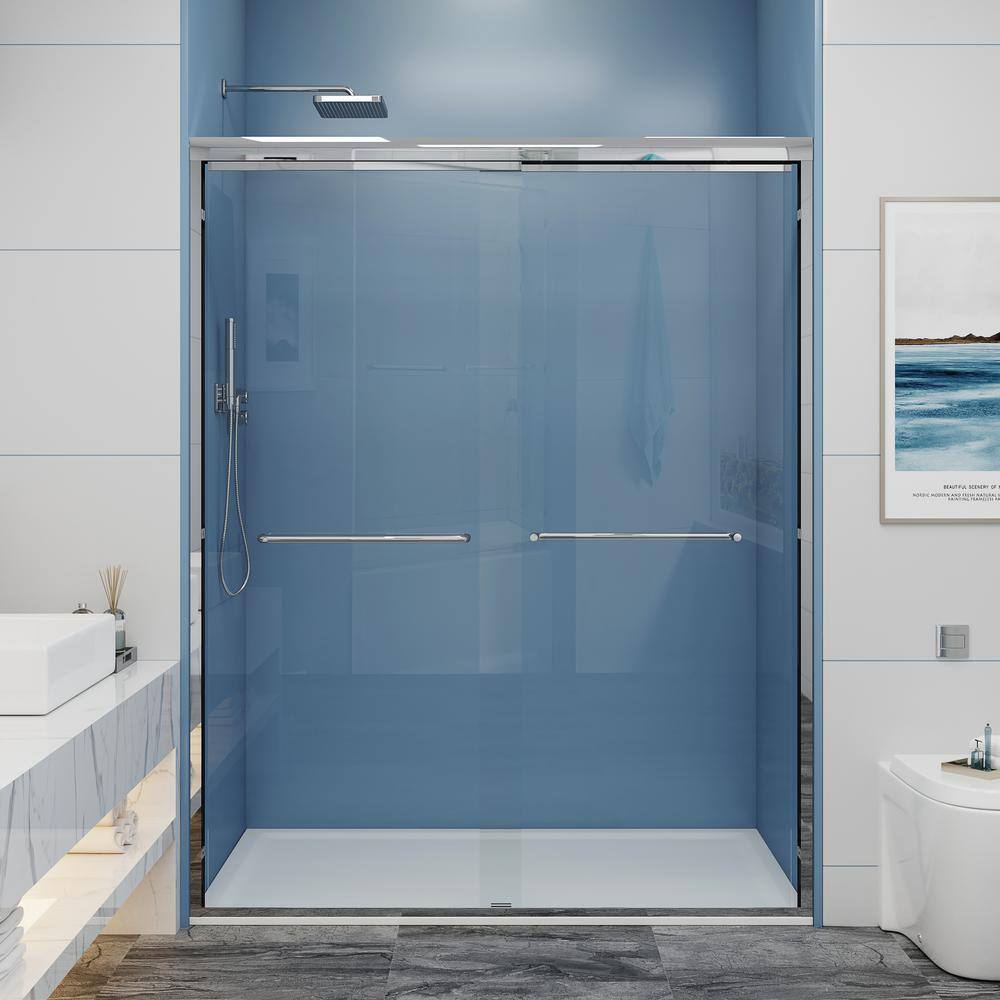 MCOCOD 60 in. W x 76 in. H Double Sliding Semi-Frameless Shower Door in Chrome with Smooth ...