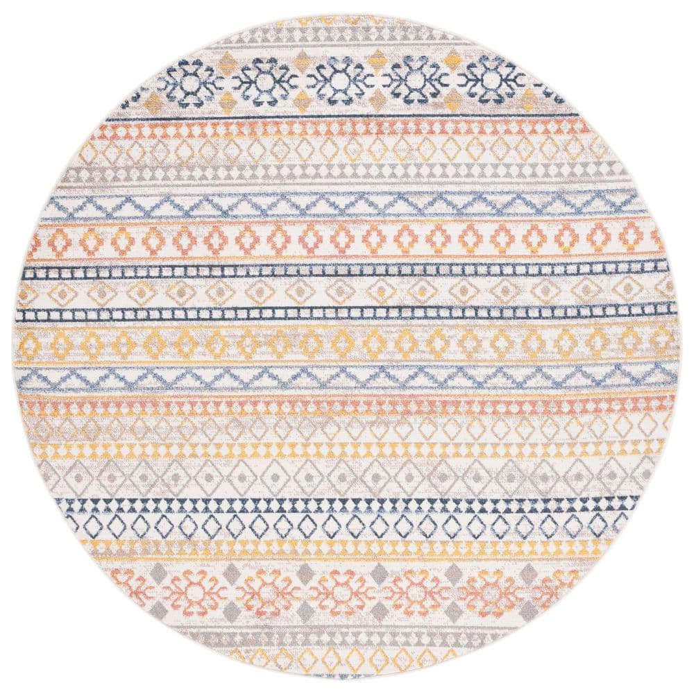 SAFAVIEH Astoria 7 ft. x 7 ft. Ivory/Blue Rust Parallel Geometric Round ...