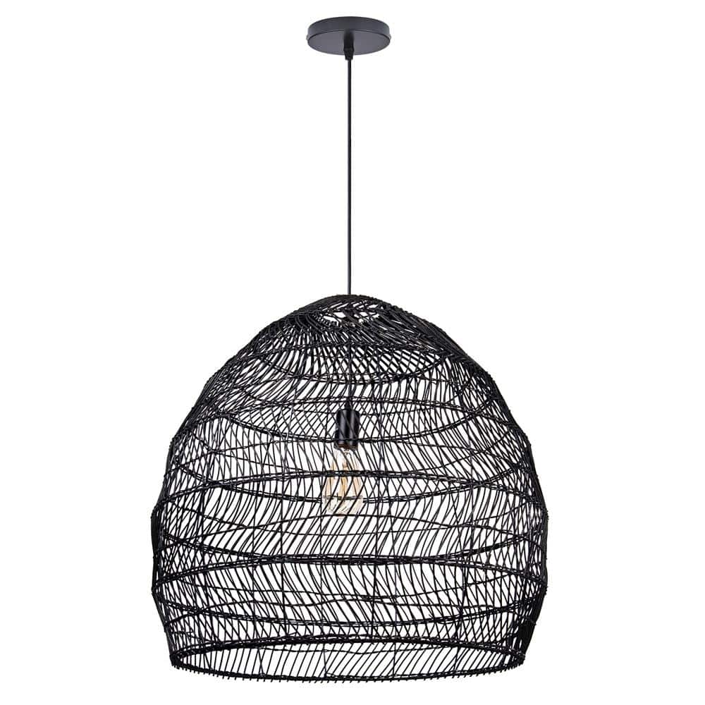ARTURESTHOME 1-Light Black Rattan Pendant Light Chandelier Dome Shade ...