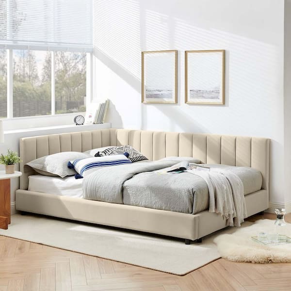 Beige Full Size Velvet Upholstered Daybed Modern Tufted Corner Daybed ...