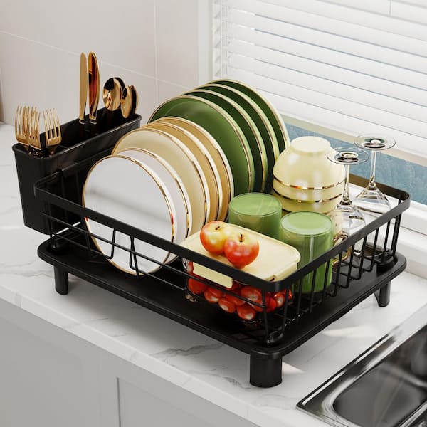 Anqtovp 15in Dish Drainer Rack with Drainage Spout and Cup Utensil ...