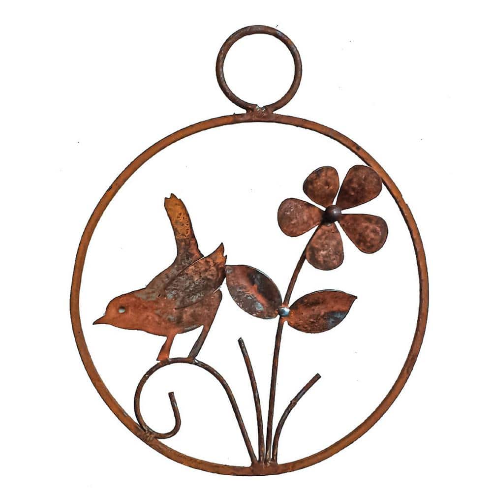 10 in. Radius Hanging Metal Bird with Flower Ring Rustic Look Artwork ...