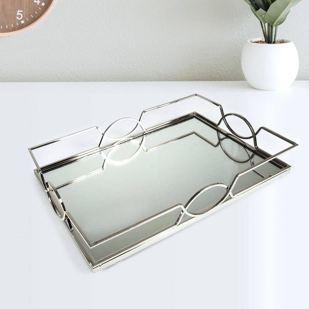 LIVING LUXURY Art Deco Rectangle Metal Mirror Silver Decorative Tray ...
