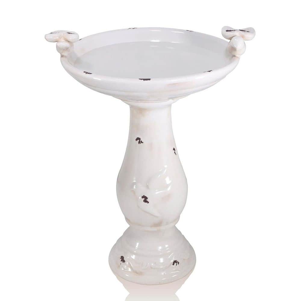 25 in. H x 19 in. Dia Light Brown Ceramic Birdbath with 2 Bird ...