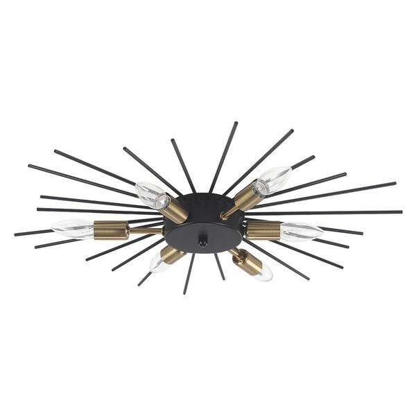 GoYeel 23.82 in. 6-Light Black and Gold Modern Metal Starburst Flush ...