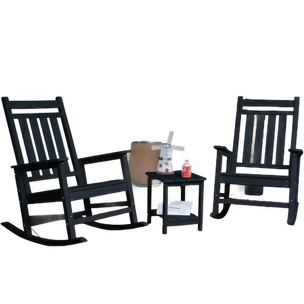 Dracelo Series Frame Black Solid Wood Outdoor Rocking Chair 3-Piece ...