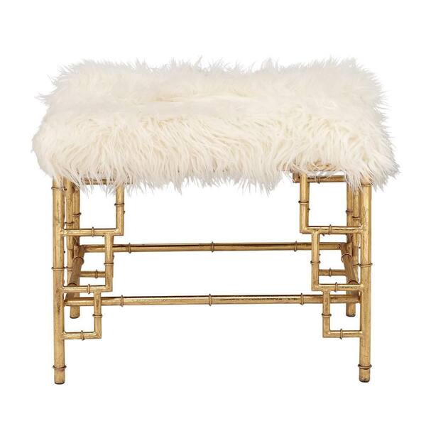 Litton Lane 19 in. Gold Metal Stool with Faux Fur 65571 - The Home Depot
