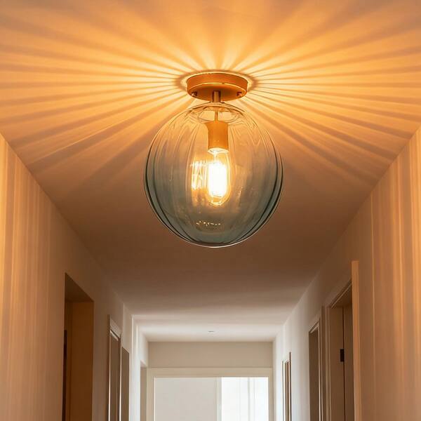 HUOKU Court 1-Light 11 in. Matte Brass Semi-Flush Mount Globe Ceiling ...