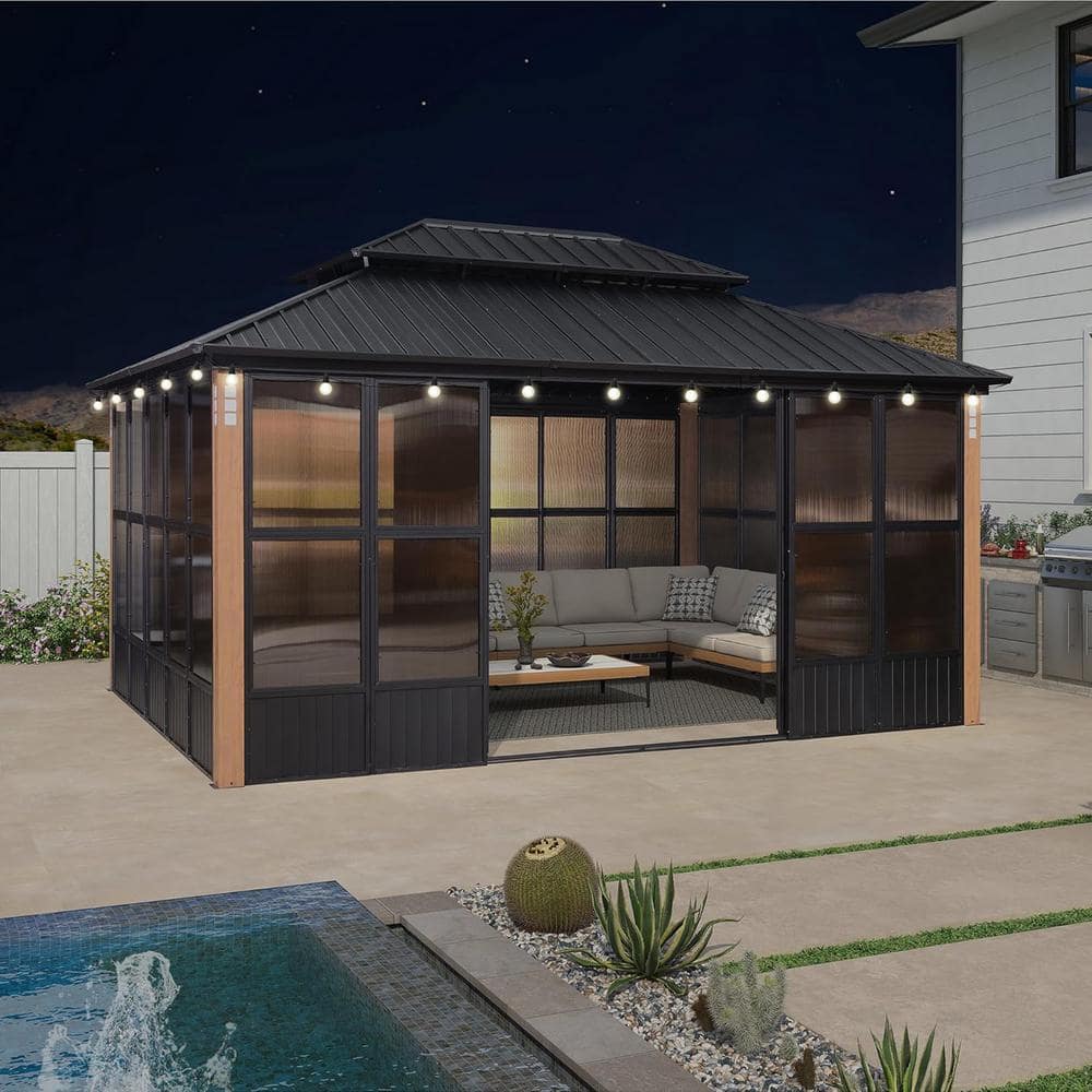 PURPLE LEAF Hardtop Gazebo 12 ft. x 16 ft. Brown Aluminum Sunroom ...