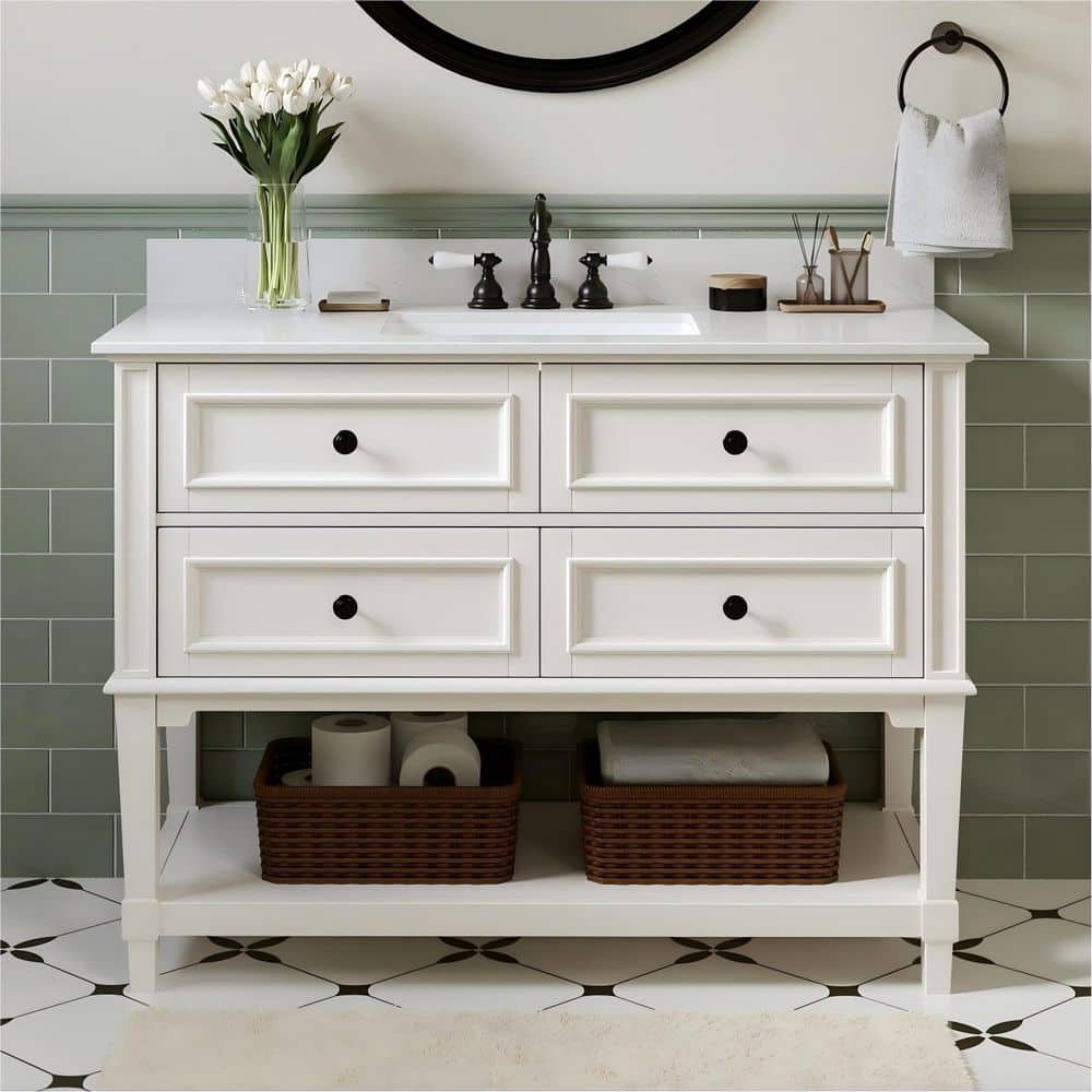 DEERVALLEY 48 in. Single Sink White Bath Vanity with White Engineered ...