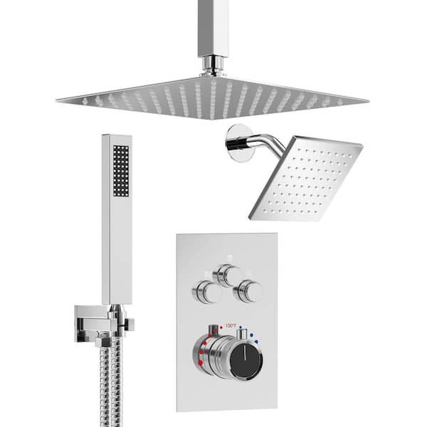 GRANDJOY His and Hers Showers 7-Spray 12 in. Thermostatic Cartridge ...