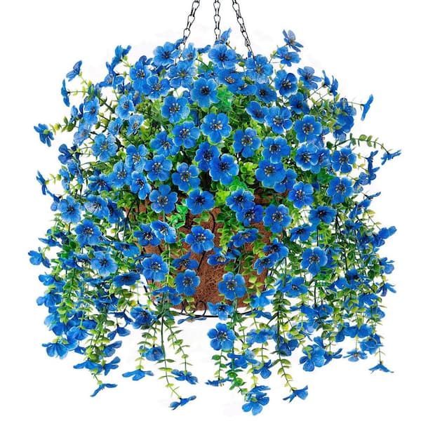 26 in. Blue Indoor/Outdoor Hanging Artificial Daisy Flowers in Brown ...