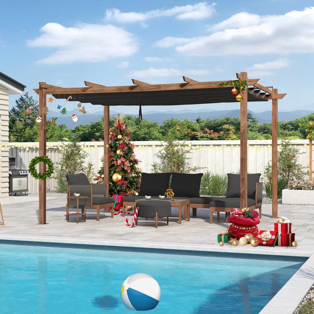 PURPLE LEAF 10 ft. x 13 ft. Natural Wood Grain Aluminum Pergola Gazebo ...