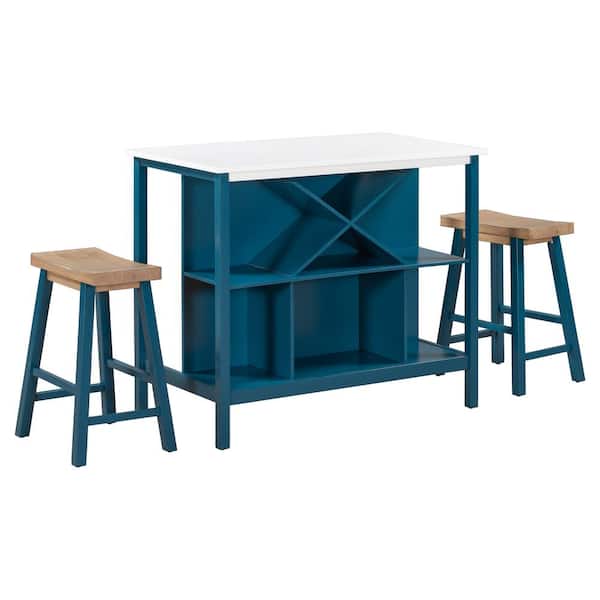 SUNRINX Farmhouse 3-Piece Wood Top Stationary Kitchen Island Set with 2 ...