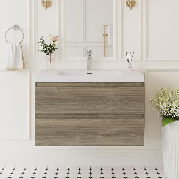 Afhocomp 35. 43in. Single Sink Floating Ash Grey Bath Vanity with White ...