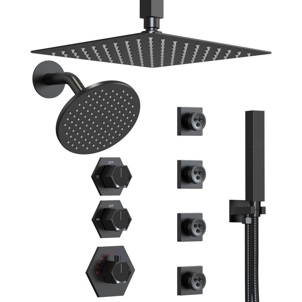 GRANDJOY 12 in. 5-Spray Multi-Functionn Dual Shower System Square High ...