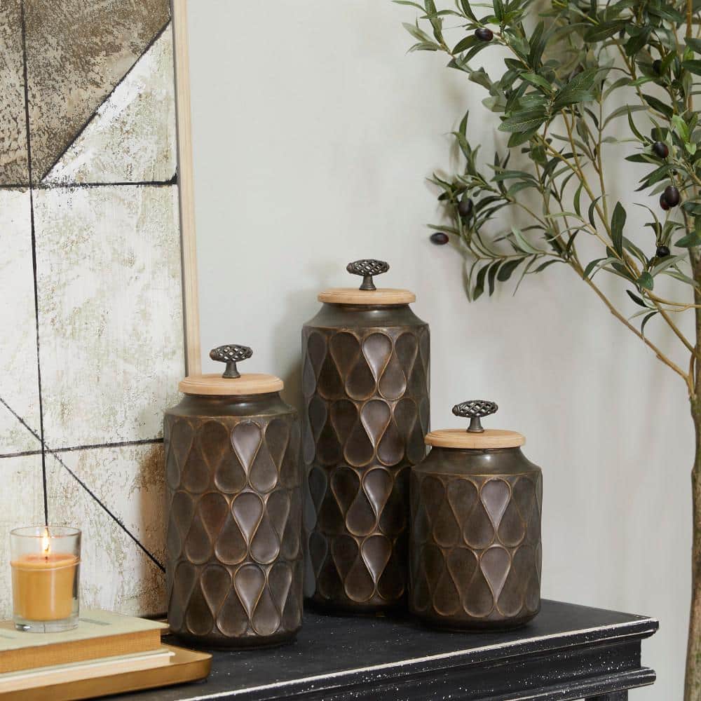 Litton Lane Bronze Metal Decorative Jars with Wood Lids (Set of 3 ...