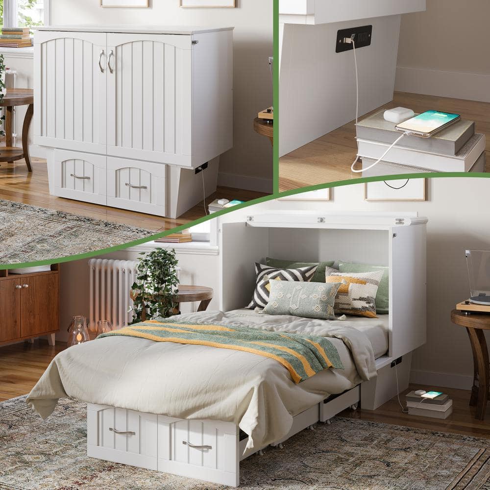 AFI Sydney Twin White Solid Wood Murphy Bed Chest with Storage Drawer ...