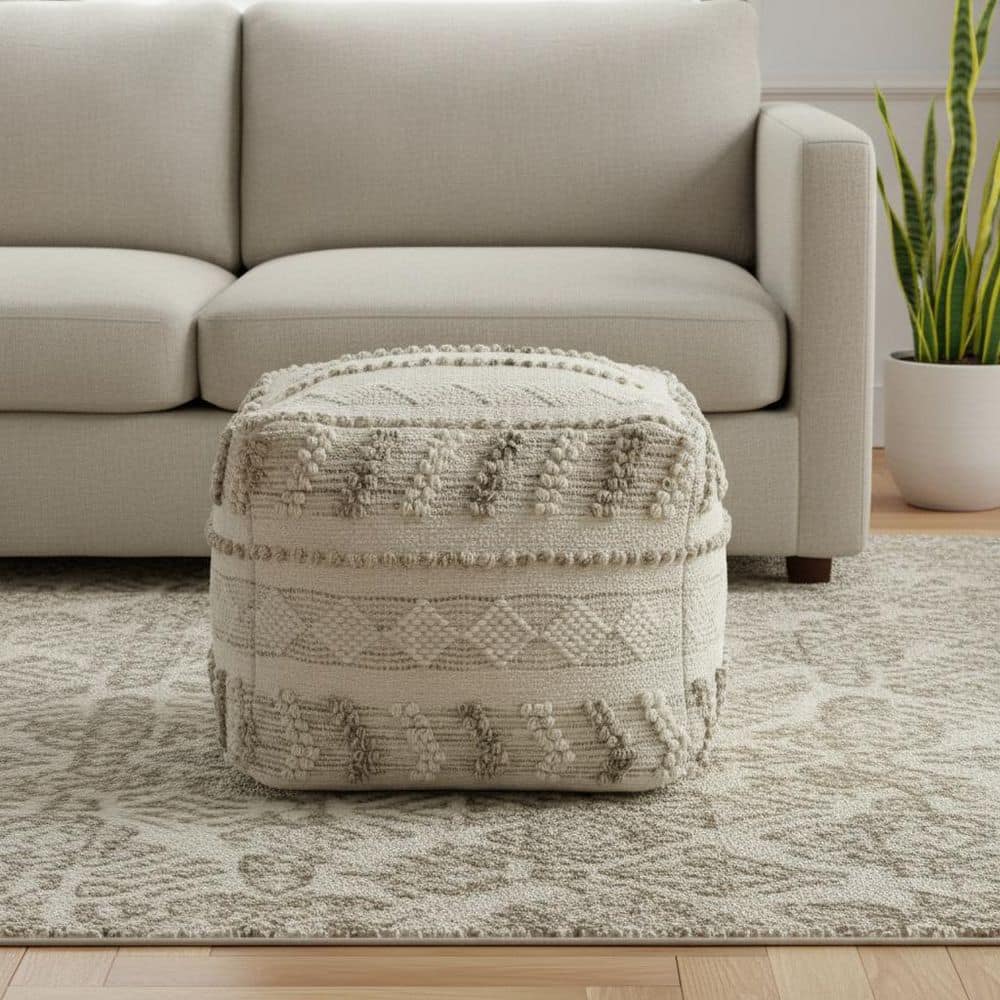 HomeRoots 18 in. Ivory and Natural Cotton and Wool Striped Pouf Ottoman ...