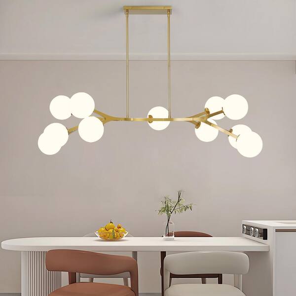 KAISITE 54 in. 11-Light Gold Rustic Linear Pendant Light With Milk ...