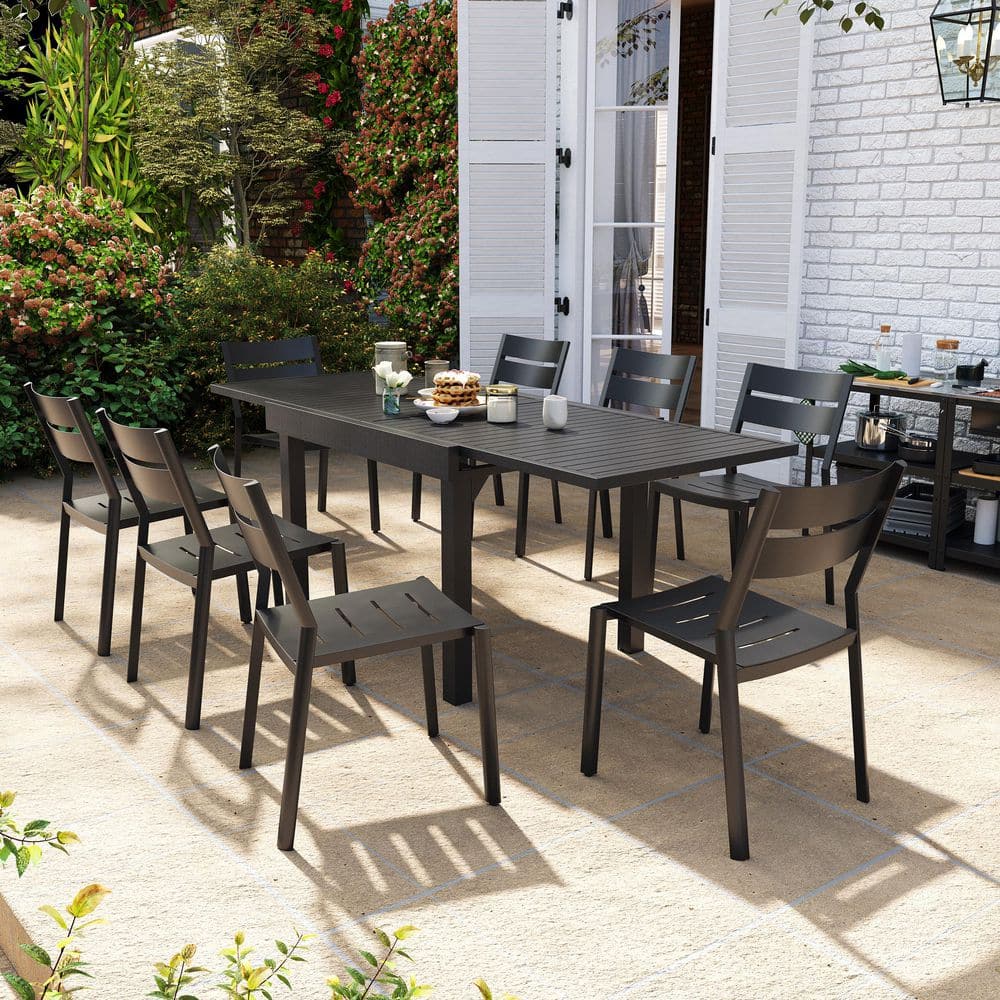 Pellebant 9 Pieces Black Aluminum Rectangular Outdoor Dining Set with ...