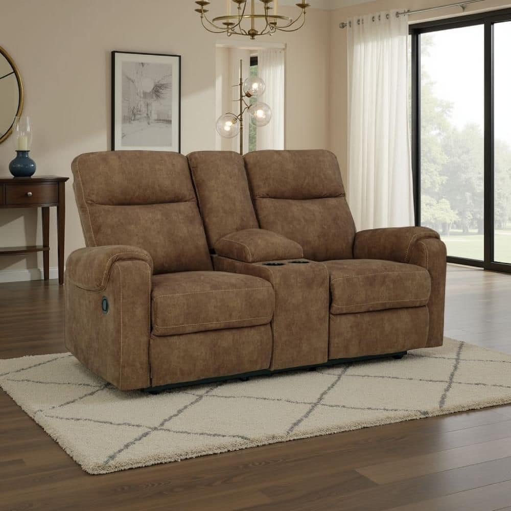 Benjara Woli Brown Faux Leather Glider Recliner Manual Loveseat ...