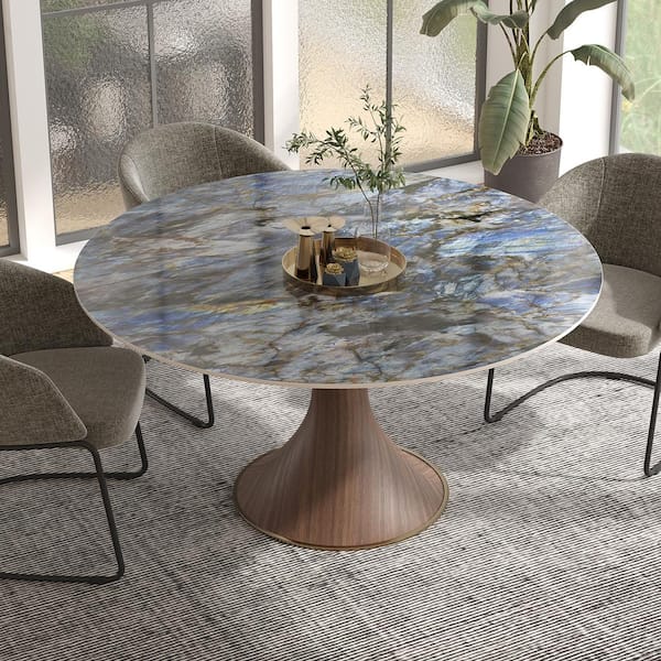 Lesly Modern Round White Top Sapphire Stone Tabletop 53.15 in. Black ...