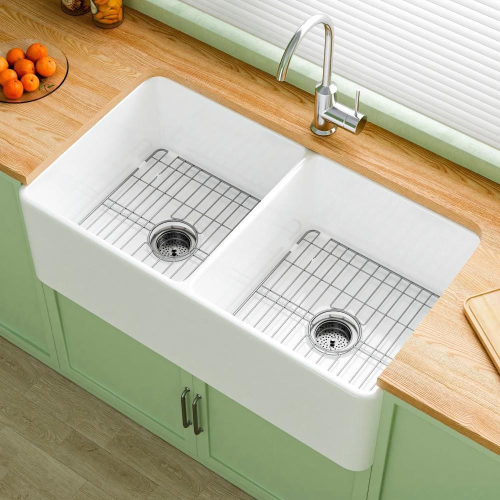 Kuomih Farmhouse Series 33 in. Apron Front Kitchen Sink Double Bowl ...