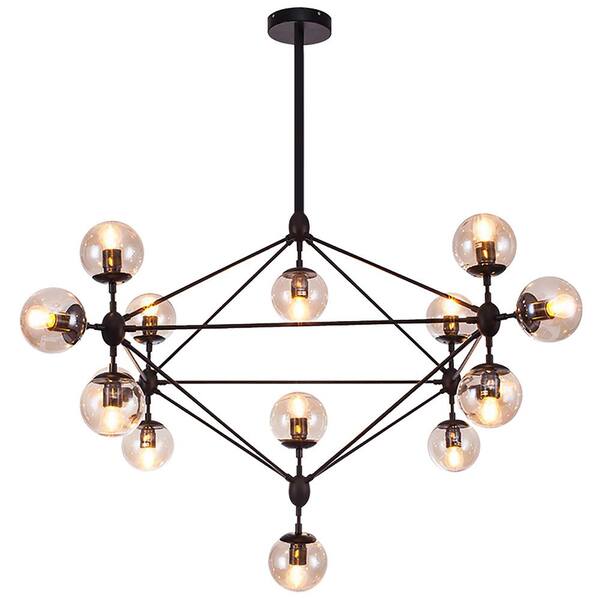 HUOKU CEDER 15-Light Metal Black Stupnik Modern Chandelier with Globle ...