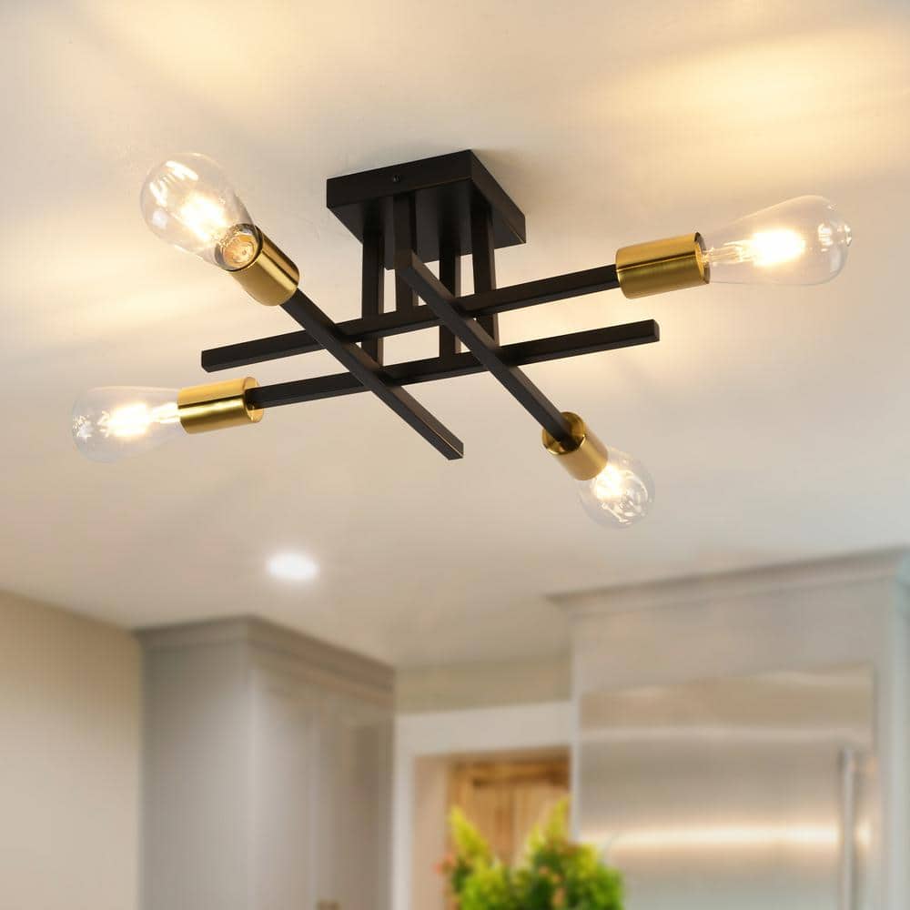 LWYTJO 18.11 in. 4-Light Black/Gold Dimmable Sputnik Linear Chandelier ...