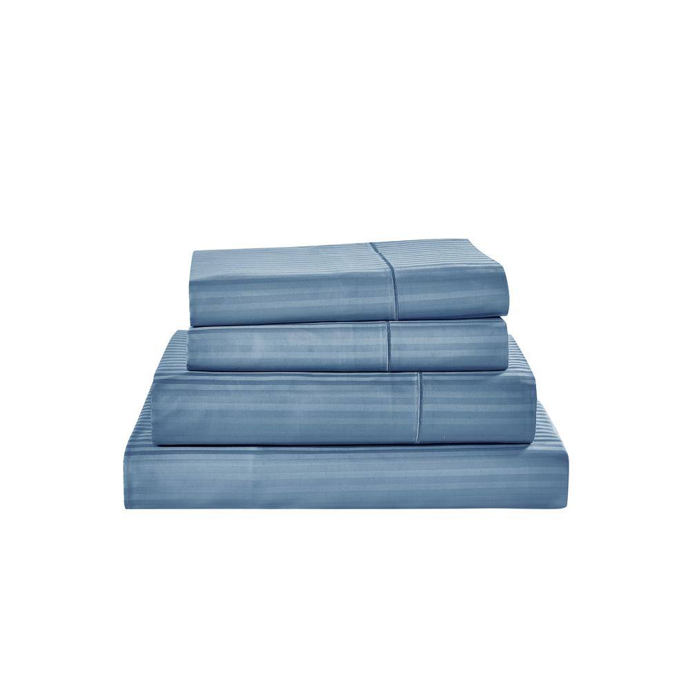 Kathy Ireland Damask Stripe 4-Piece Blue Cotton Queen Sheet Set ...