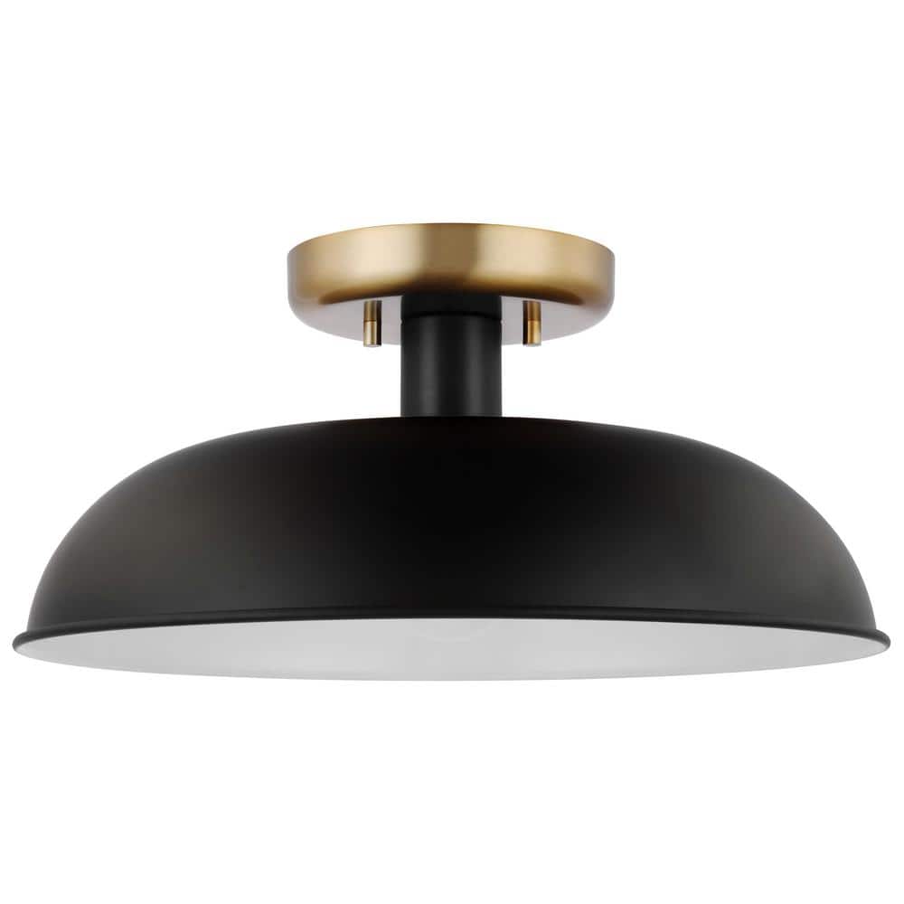 SATCO Colony 15 in. 1-Light Matte Black/Burnished Brass MCM Semi-Flush ...