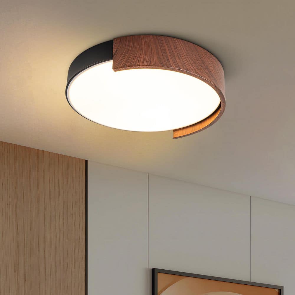 TinHon 16 in. Modern Integrated LED Ceiling Light with Wood Accent ...