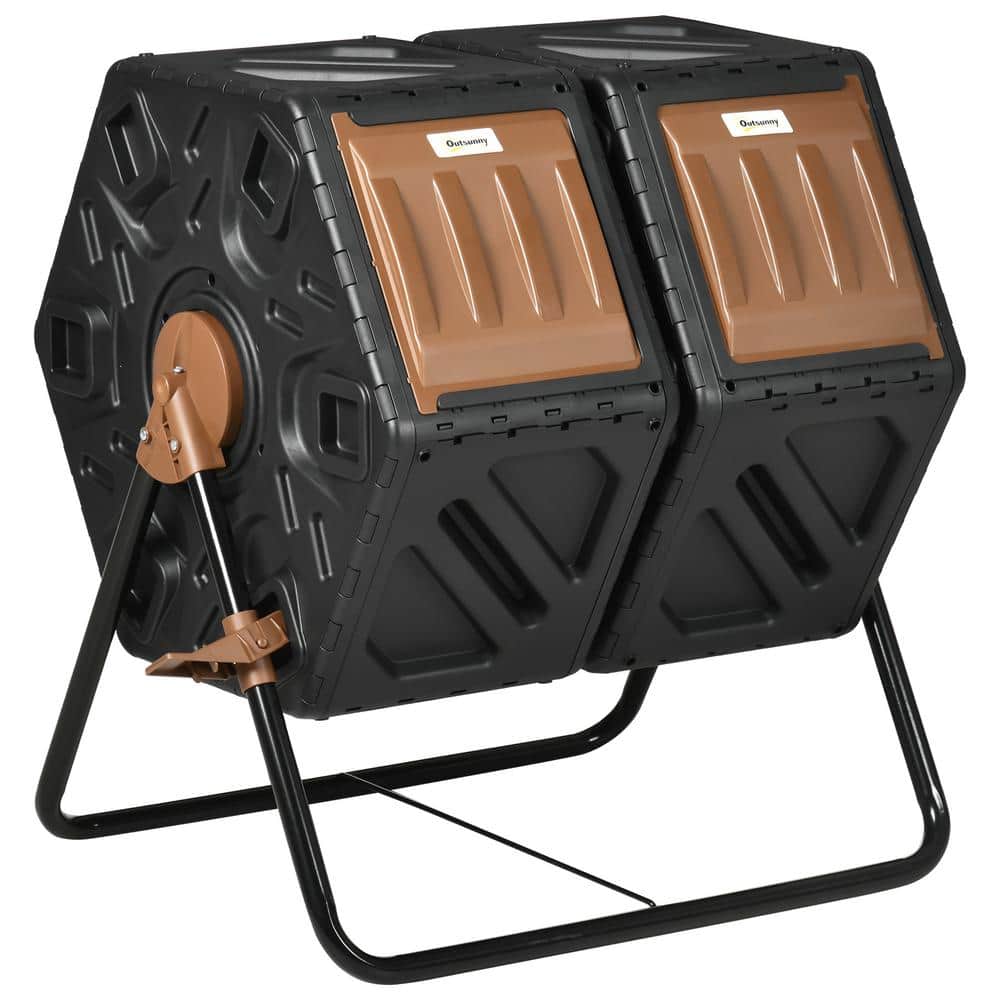 Zeus & Ruta Black and Brown 34.5 Gal. Tumbling Compost Bin Outdoor 360° Dual Chamber Rotating ...