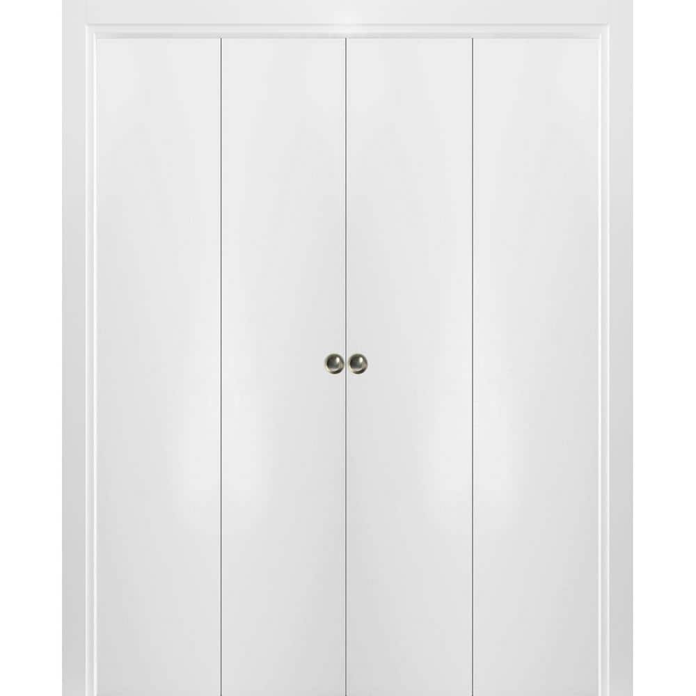 Sartodoors 0010 72 in. x 80 in. Flush Solid Wood White Finished Wood Bifold Door with Double ...