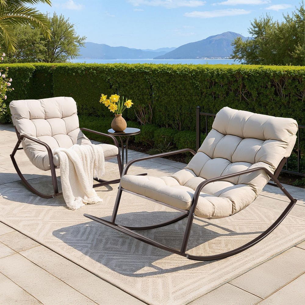 2-Pieces Oversized Metal Rocking Chair Outdoor Lounge Chair with Beige Cushion for Patio, Garden ...