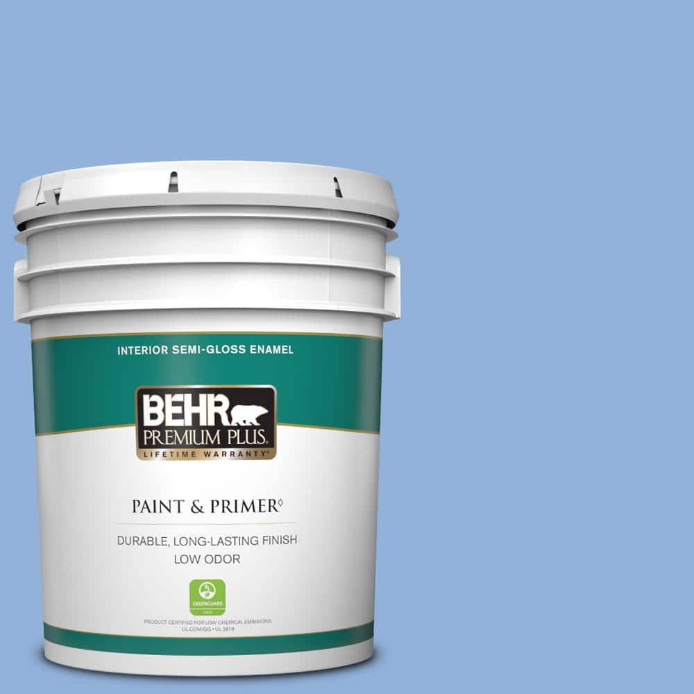 BEHR PREMIUM PLUS 5 gal. #580B-5 Cornflower Blue Semi-Gloss Enamel Low ...