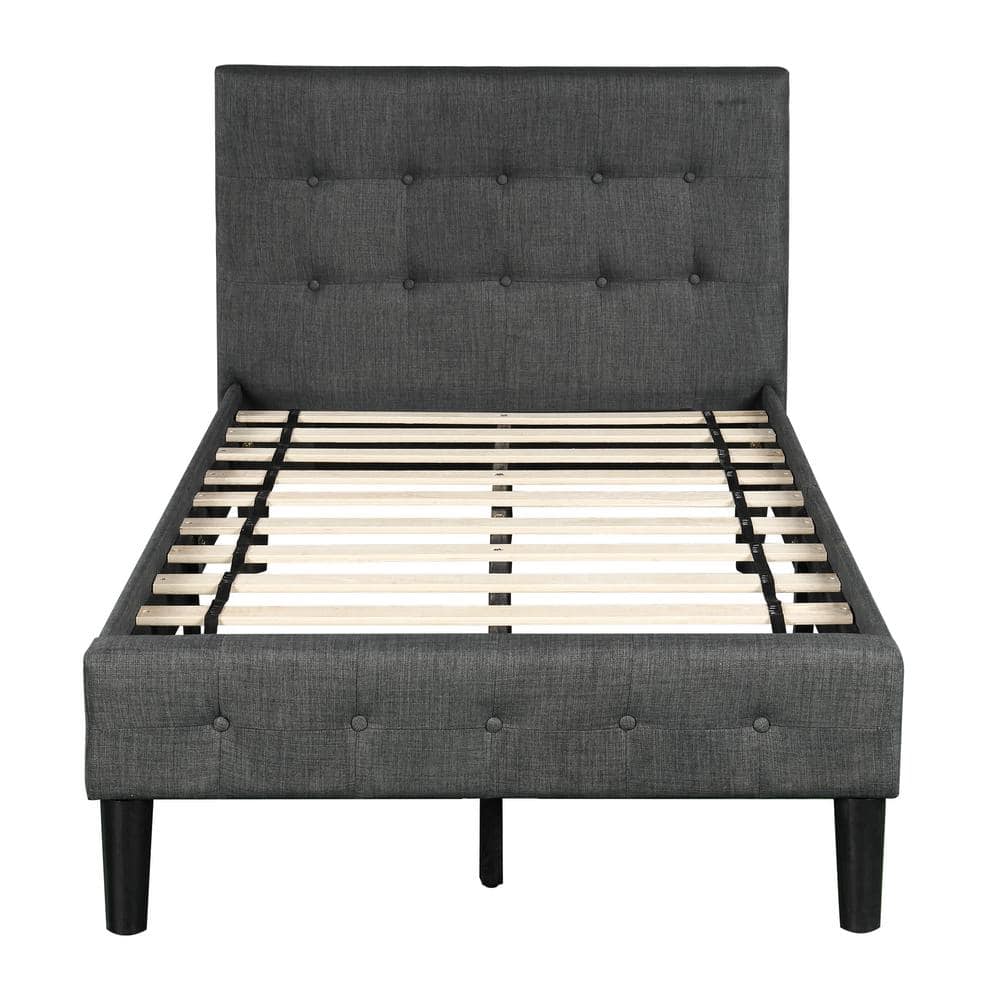 URTR 42 in. W Gray Twin Size Upholstered Platform Bed with Wooden Slat ...